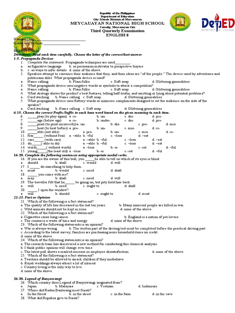 Meycauayan National High School Third Quarterly Exam | PDF | Noun | Grammar