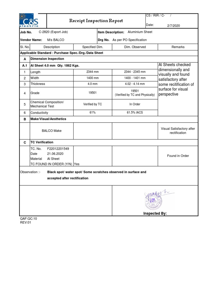Receipt Inspection Report | PDF | Materials | Nature