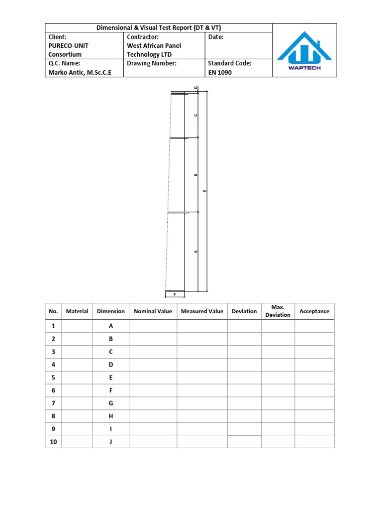 Dimensional and Visual Test Report