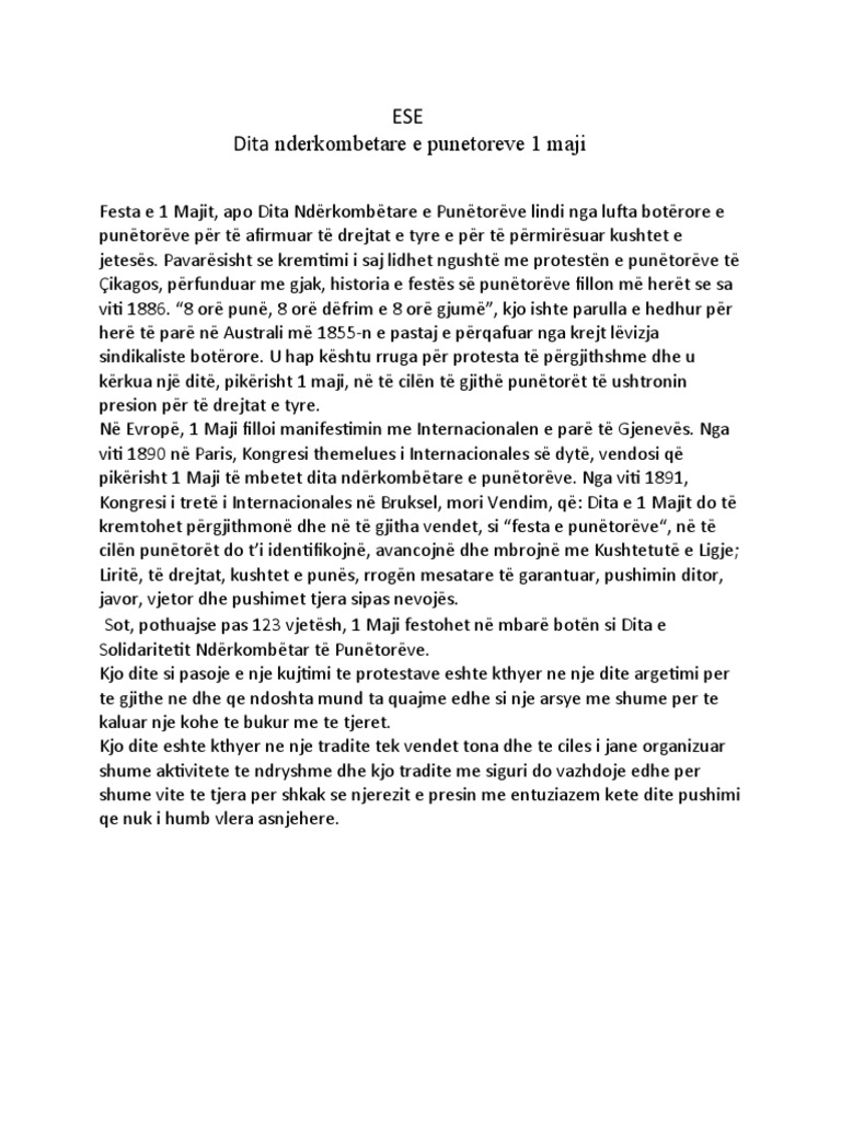 ESE Dita Nderkombetare e Punetoreve 1 Maji | PDF