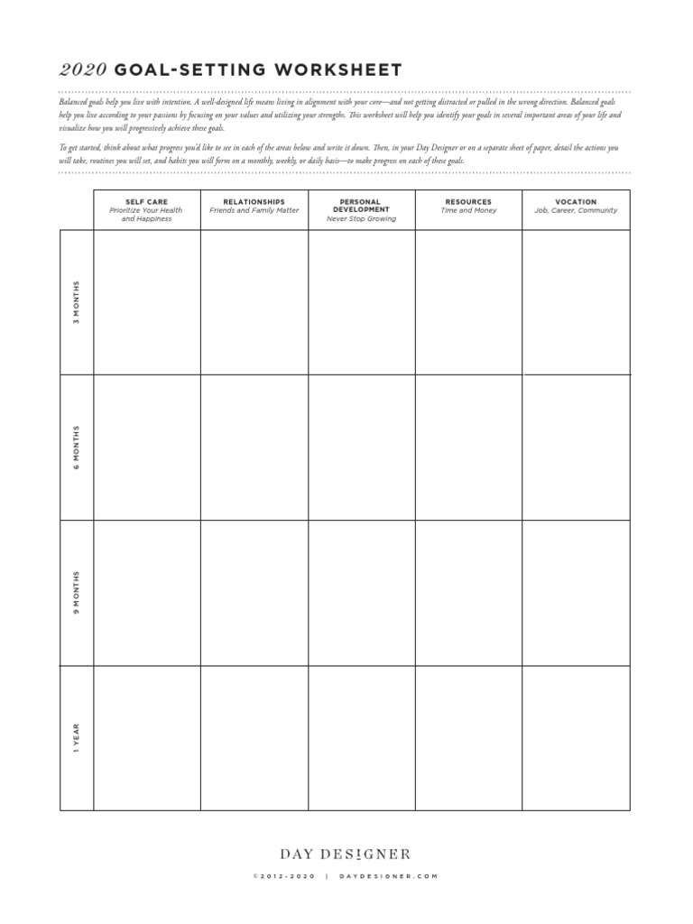 2020 Goal Setting Worksheet - Day Designer - Copyright - Do Not ...