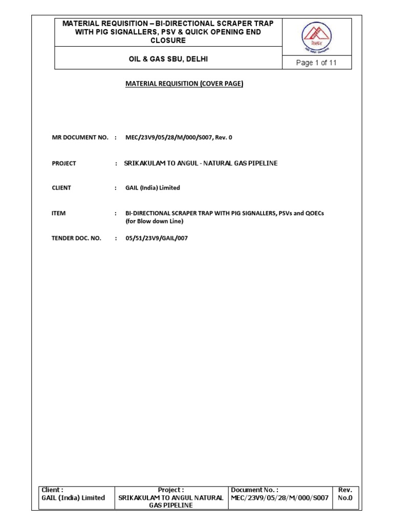 Material Requisition - Bi-Directional Scraper Trap With Pig Signallers ...