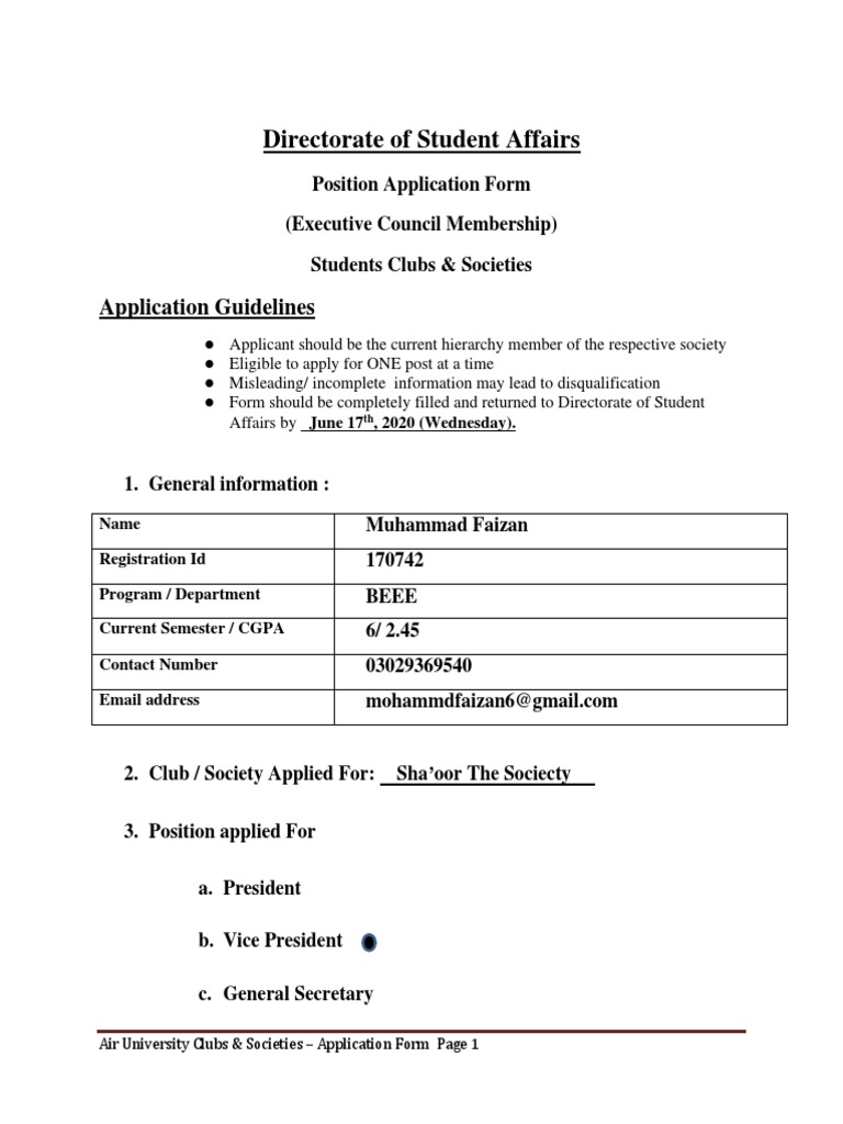 Position Application Form 2020-2021 | PDF