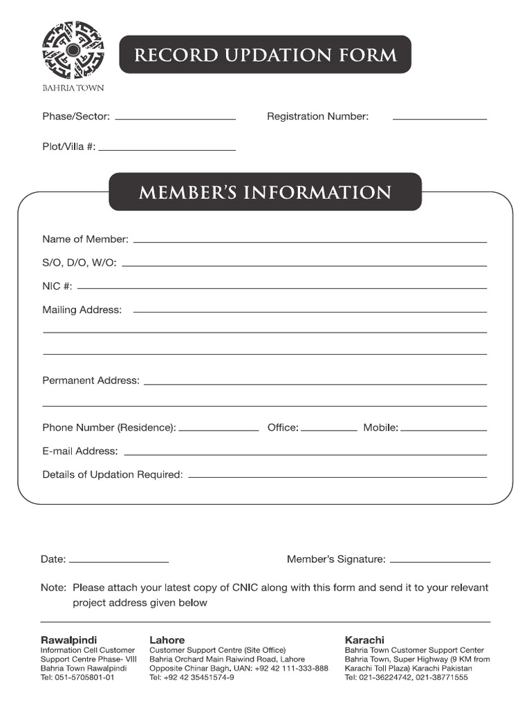 BahriaTown Record Update Form PDF | PDF