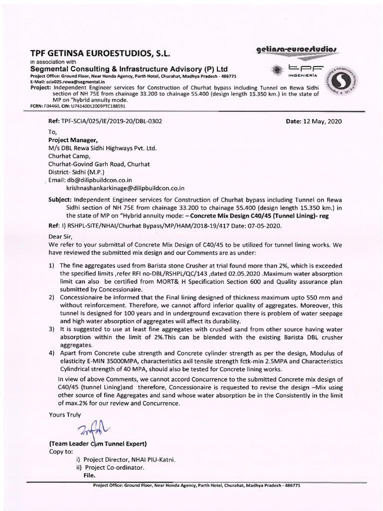 302 Concrete Mix Design C40-45 (Tunnel Lining) Reg. | PDF