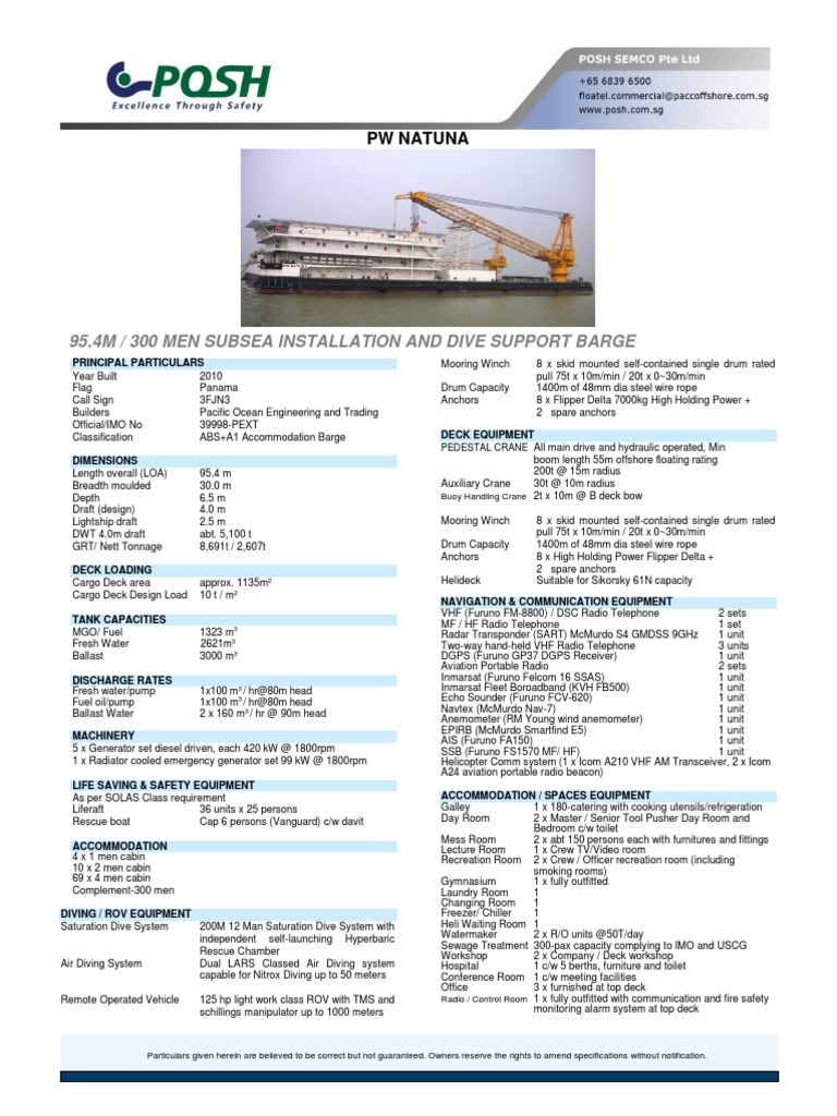 Posh Natuna Subsea Support Barge | PDF | Crane (Machine) | Water Transport