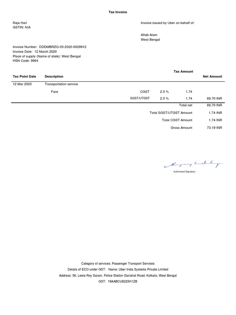 Tax Invoice for Uber Ride in West Bengal | PDF