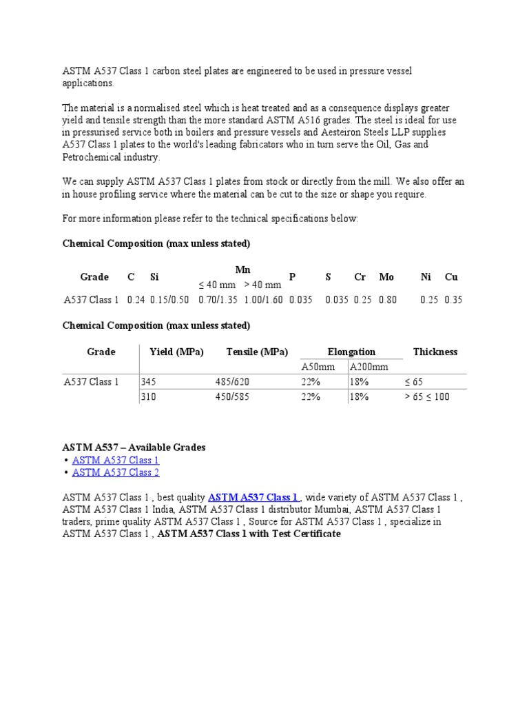 ASTM A537 Class 1 Steel Plates Overview | PDF | Steel | Ultimate ...