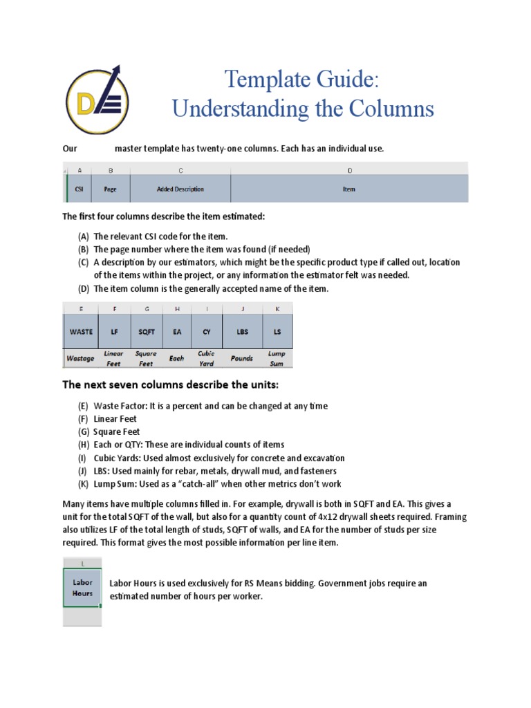 Template Guide: Understanding The Columns | PDF | Drywall | Business