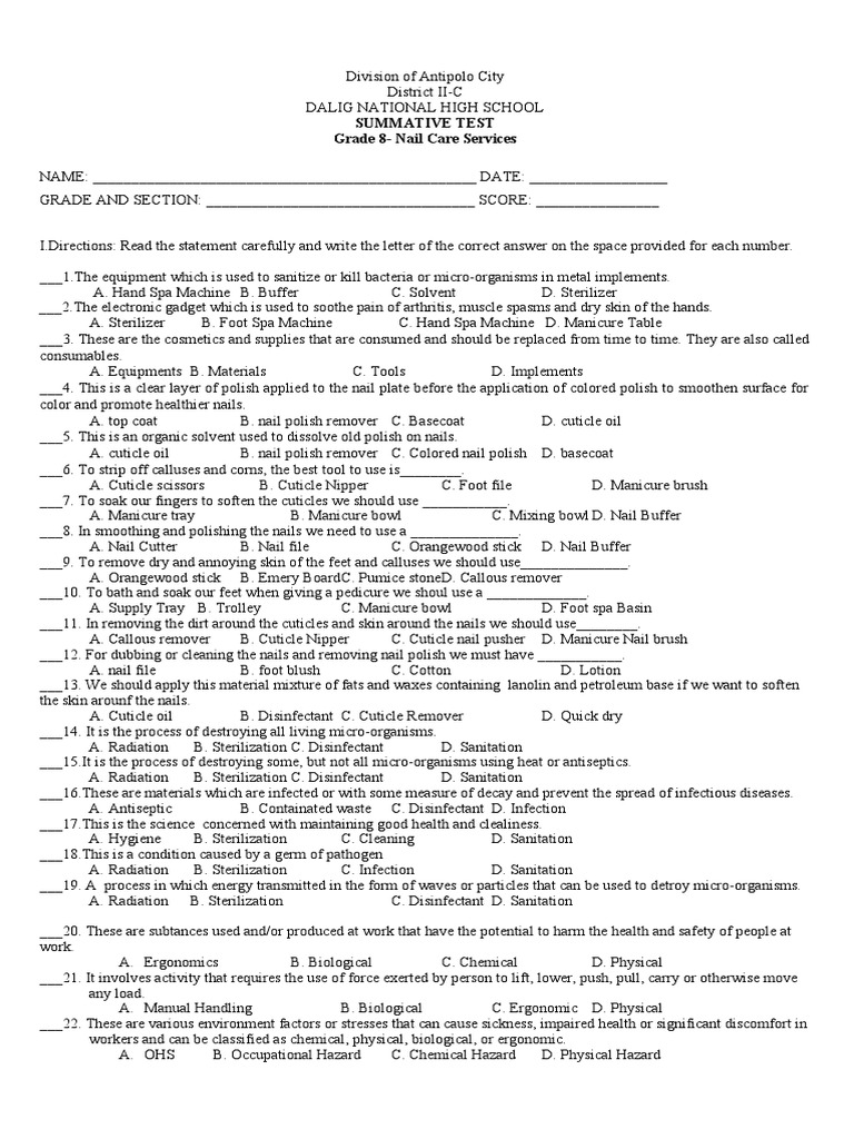 Summative Test Grade 8-Nail Care Services | PDF | Nail (Anatomy ...