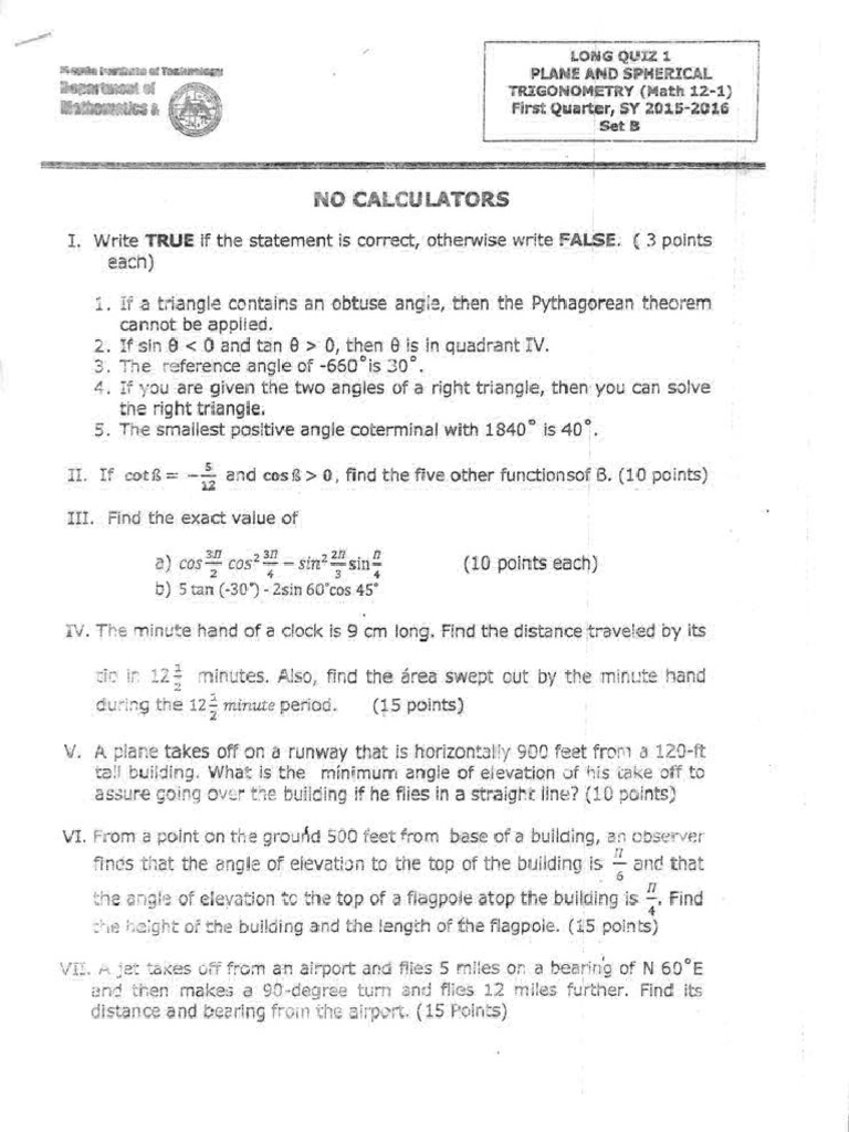 Math12-1 Exam | PDF