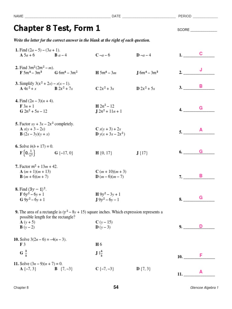 Chapter 8 Test, Form 1: A Multiple Choice Algebra Test Covering ...