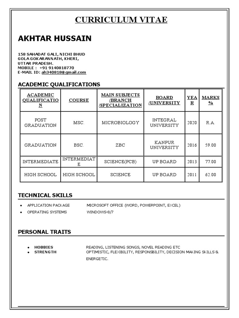 Curriculum Vitae: Akhtar Hussain | PDF