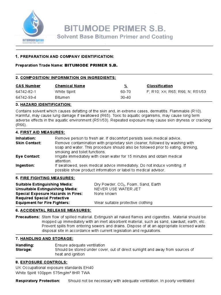 Bitumen Primer MSDS | Download Free PDF | Solubility | Solvent