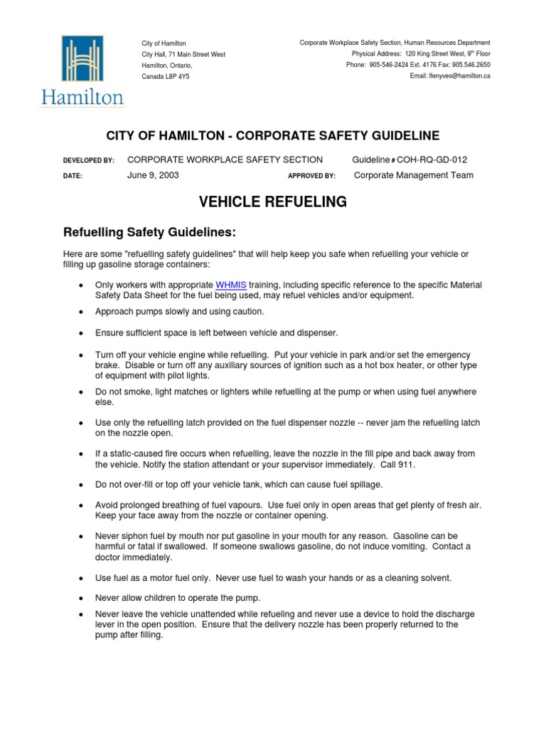 Vehicle Refueling: City of Hamilton - Corporate Safety Guideline | PDF ...