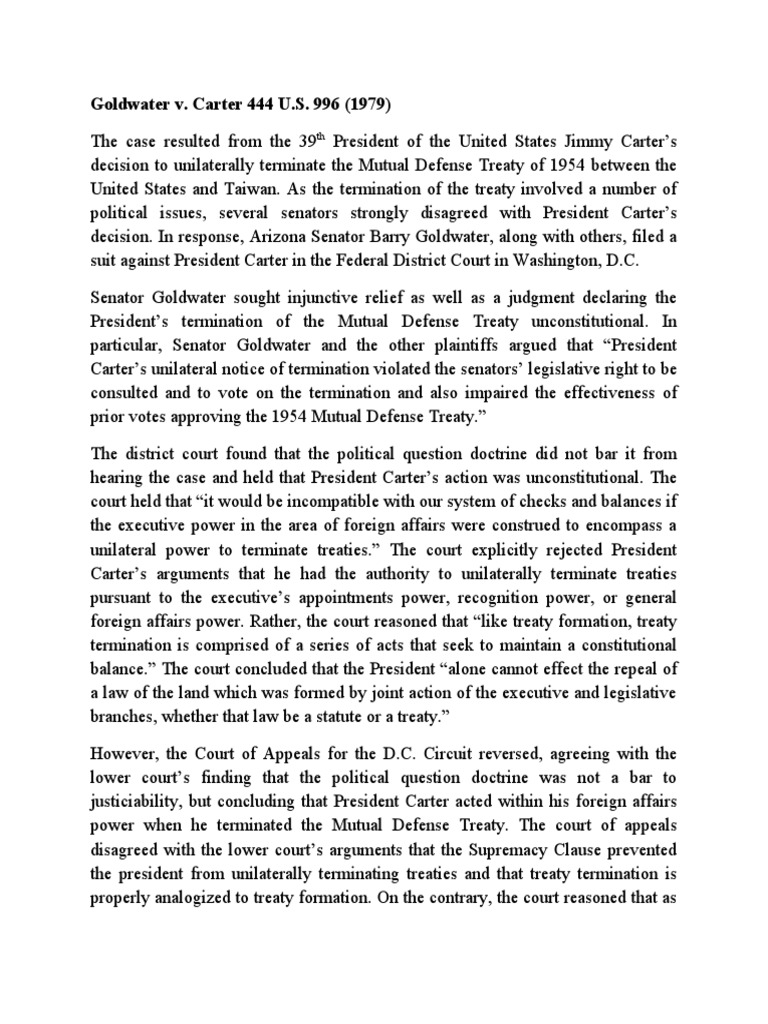Goldwater v. Carter 444 U.S. 996 (1979) | PDF | Treaty | Courts