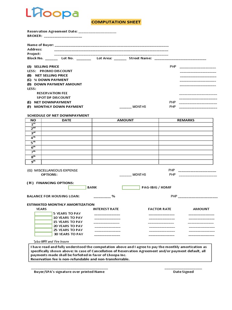 Computation Sheet: ST ND RD TH TH TH TH TH TH | PDF | Down Payment ...