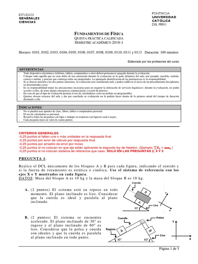 Práctica Calificada N°5 (SOLUCIONARIO) - FUNDAMENTOS DE FÍSICA (Turno 3-5pm) - 2018-1 | PDF ...