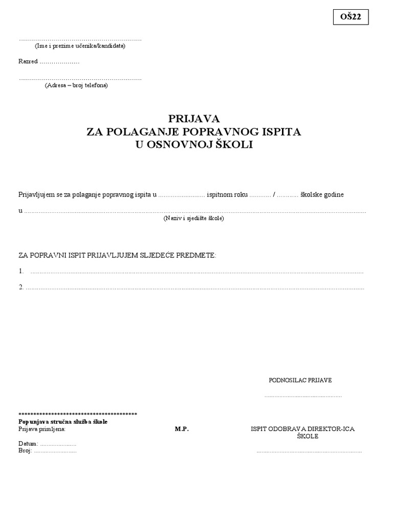 OŠ22 I OŠ22A - Prijava Za Polaganje Popravnog Ispita | PDF