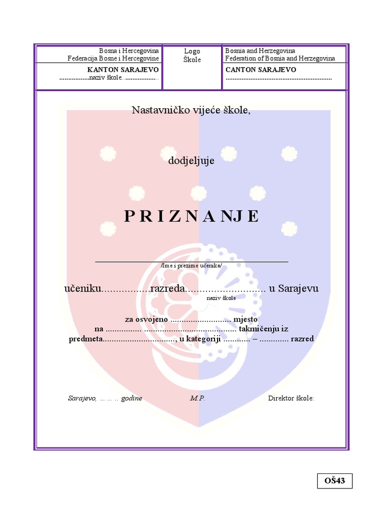 OŠ43 - Obrazac PRIZNANJA | PDF