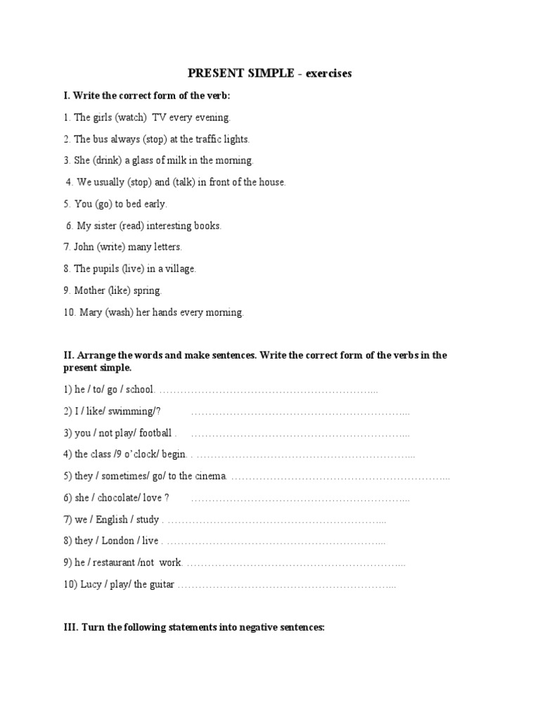 PRESENT SIMPLE - Exercises: I. Write The Correct Form of The Verb | Download Free PDF | Syntax ...