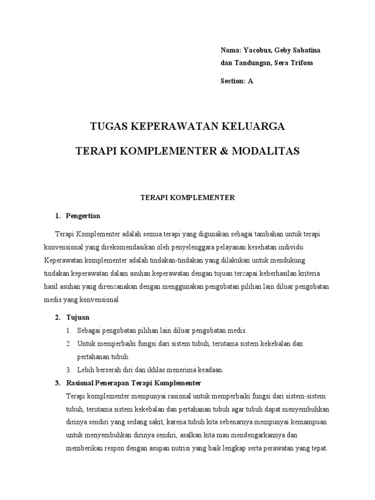 Tugas Keperawatan Keluarga Terapi Komplementer & Modalitas | PDF
