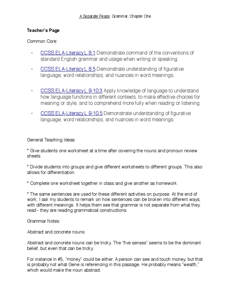 CCSS - ELA-Literacy.L.8.1: Teacher S Page | PDF | Noun | Pronoun