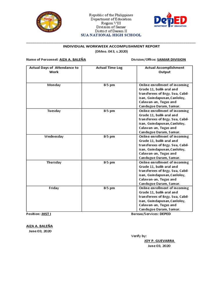 Individual Workweek Accomplishment Report | PDF | Working Time | Business
