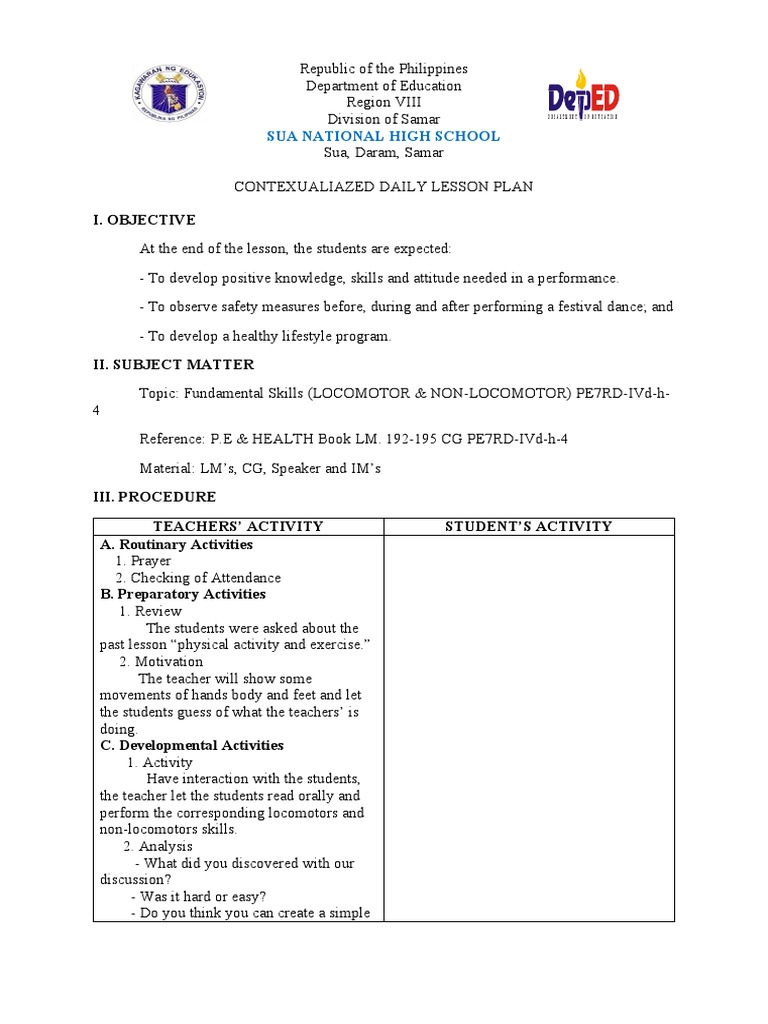 I. Objective: Sua National High School | PDF | Lesson Plan | Teaching