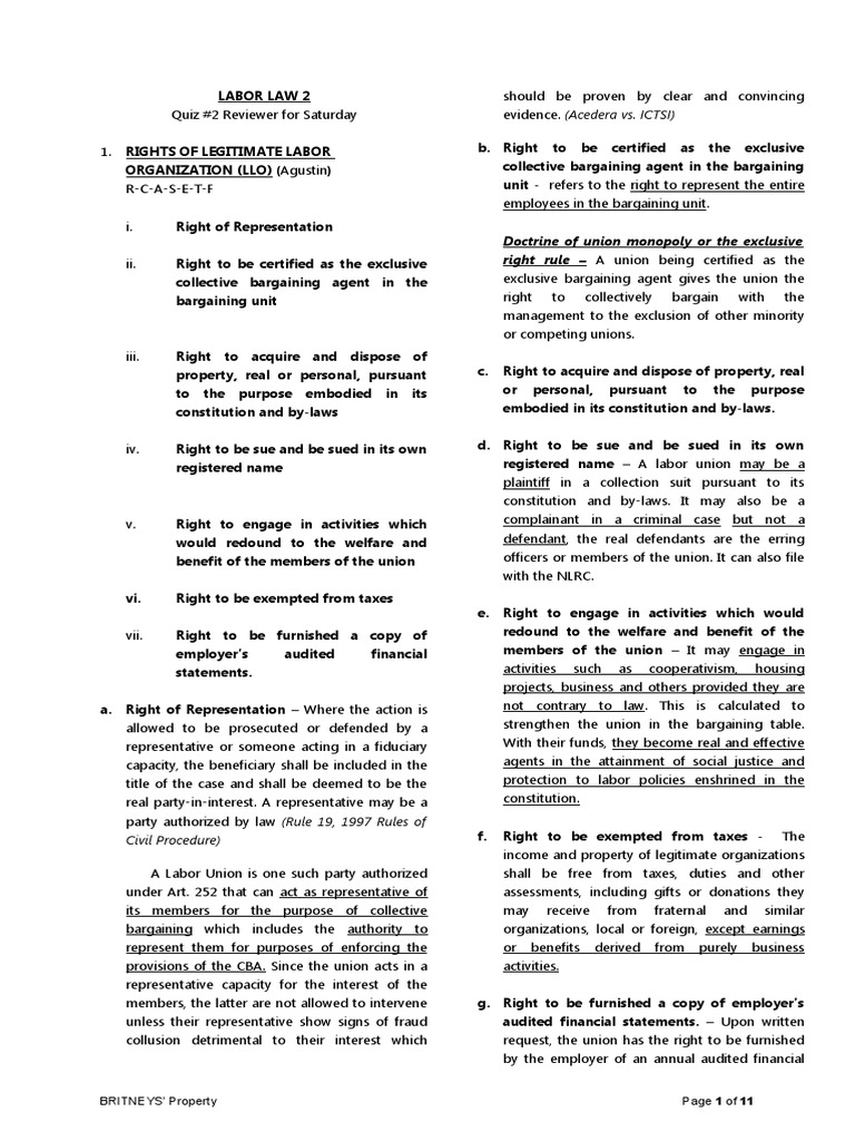 Pointers For Labor Quiz 2 | PDF | Trade Union | Collective Bargaining