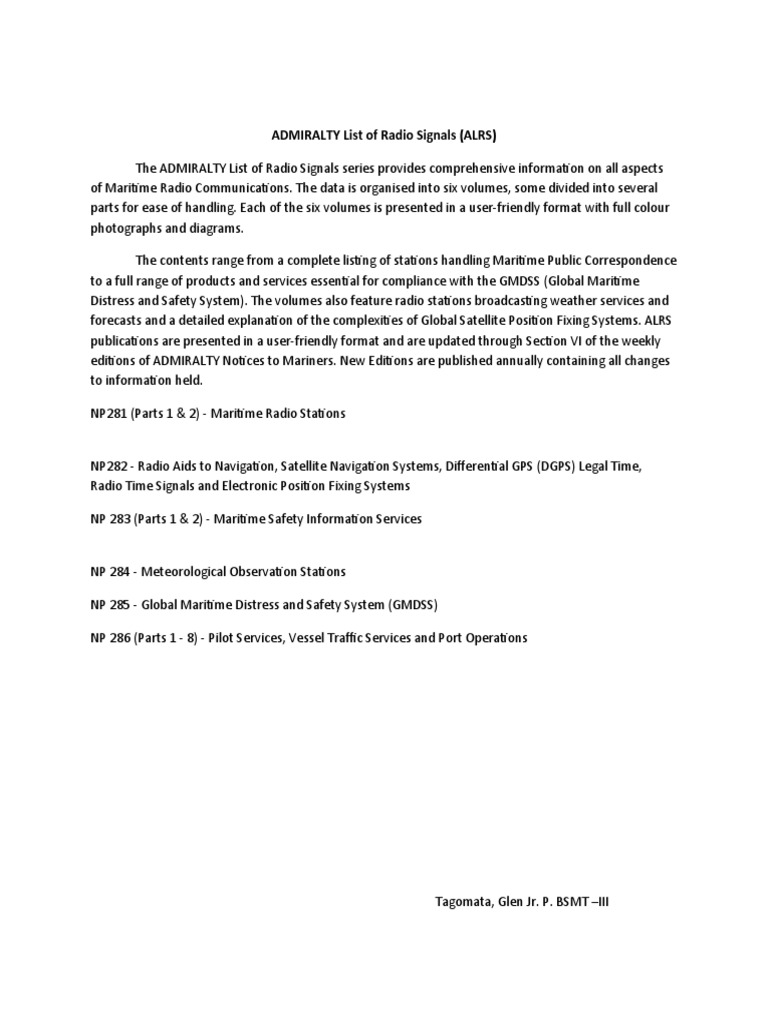 ADMIRALTY List of Radio Signals (ALRS) | PDF