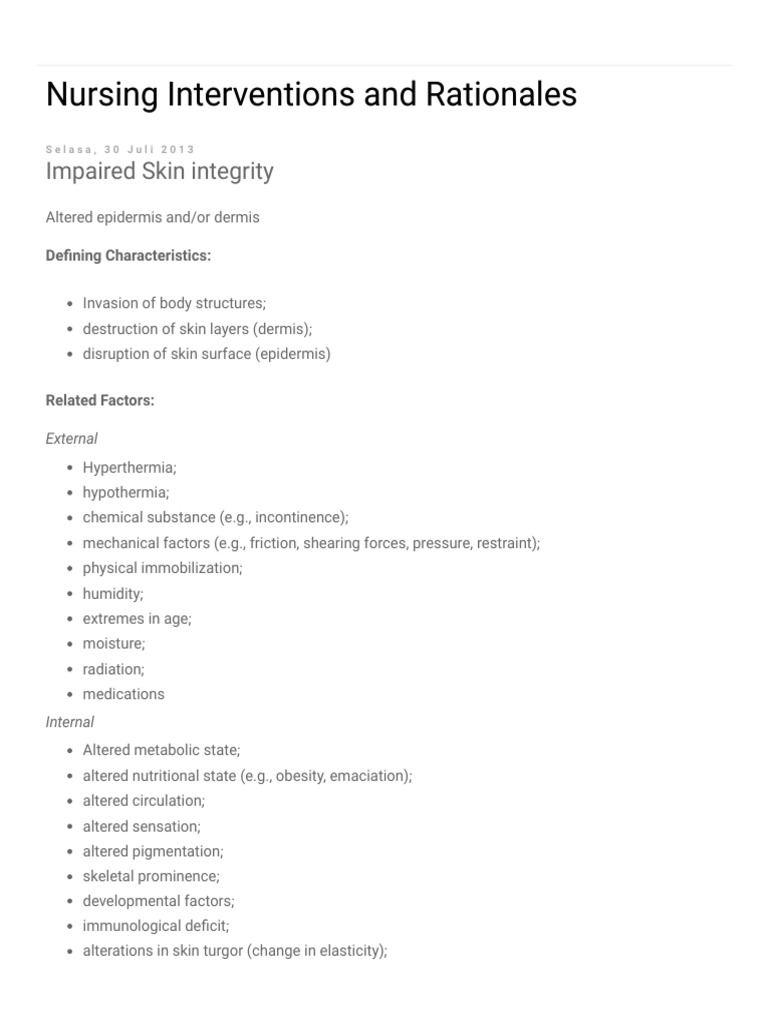 Nursing Interventions and Rationales - Impaired Skin Integrity | PDF ...