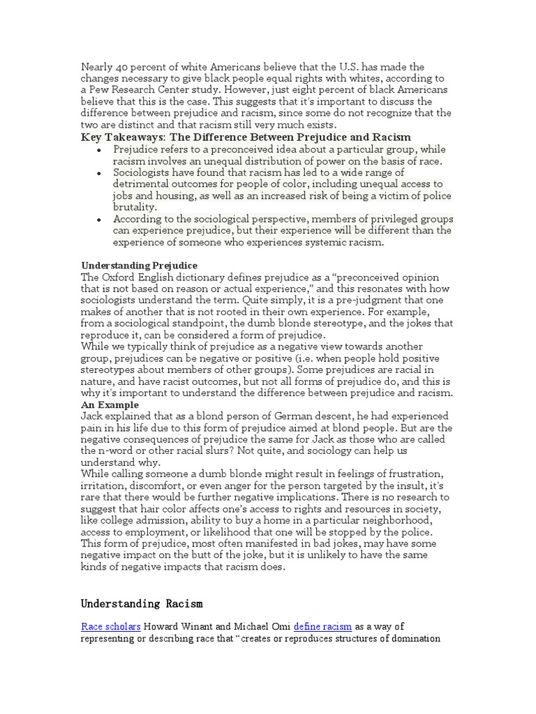 Key Takeaways: The Difference Between Prejudice and Racism | PDF ...