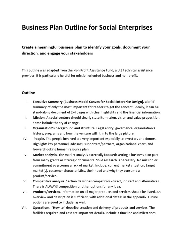 Business Plan Outline For Social Enterprises | PDF | Business Plan ...