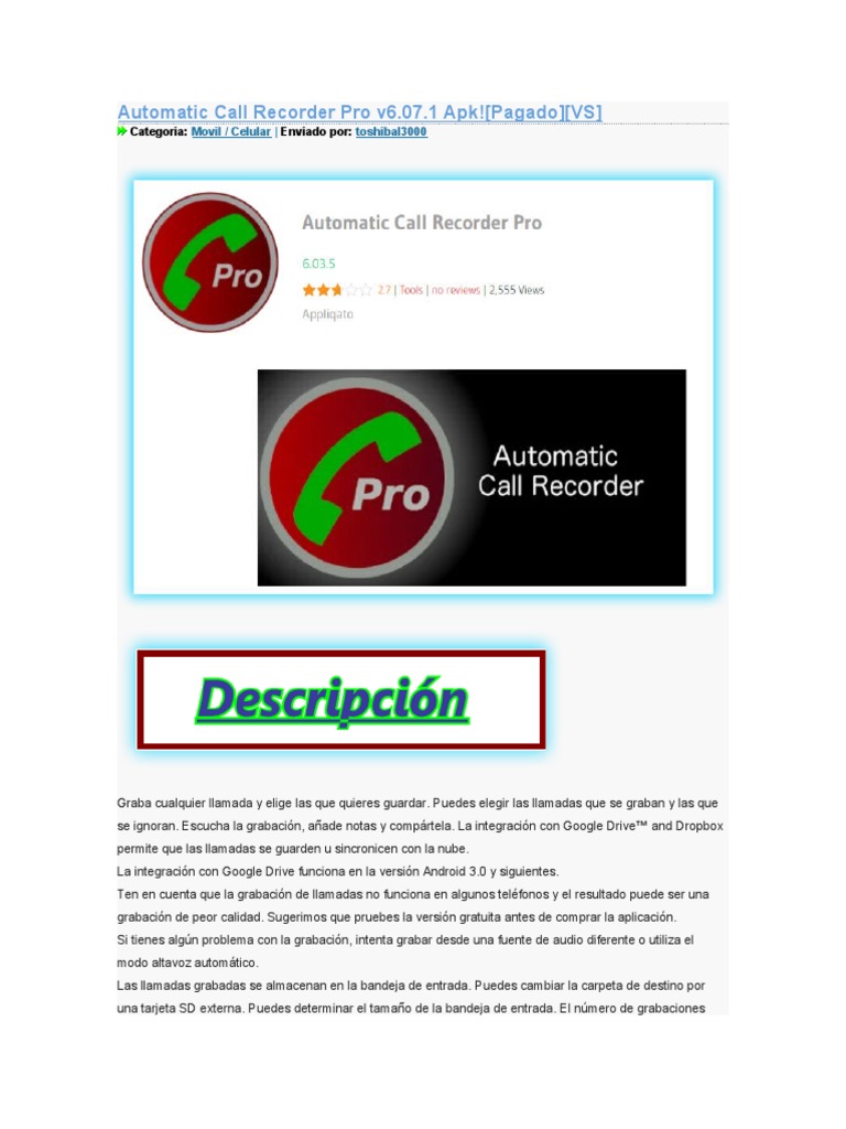 Automatic Call Recorder Pro v6.07.1 Apk! (Pagado) (VS) | PDF
