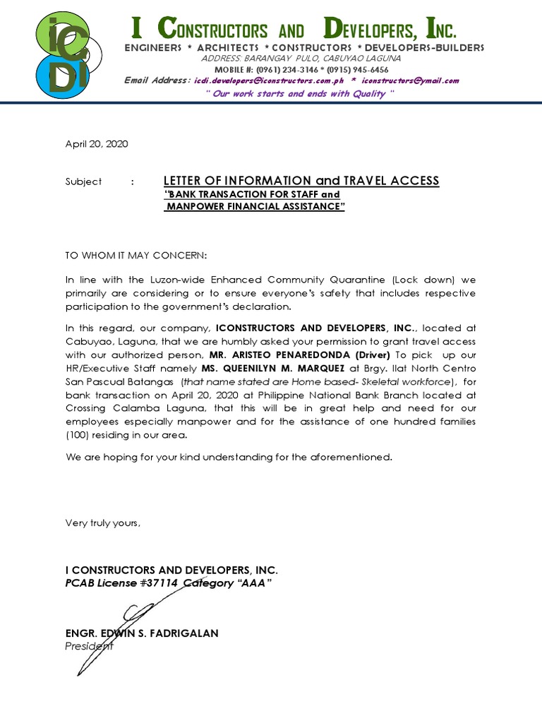 Letter of Information and Travel Access Rev 2