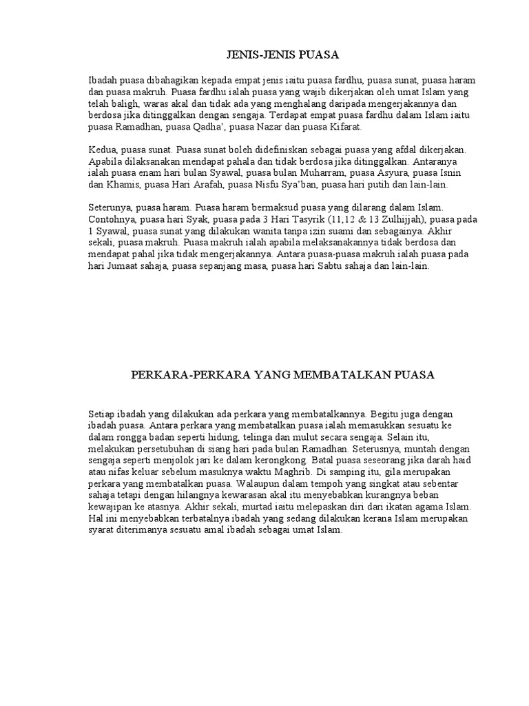 Jenis-Jenis Puasa & Perkara Yang Membatalkan Puasa | PDF