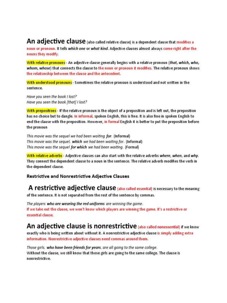 An Adjective Clause: Restrictive and Nonrestrictive Adjective Clauses ...