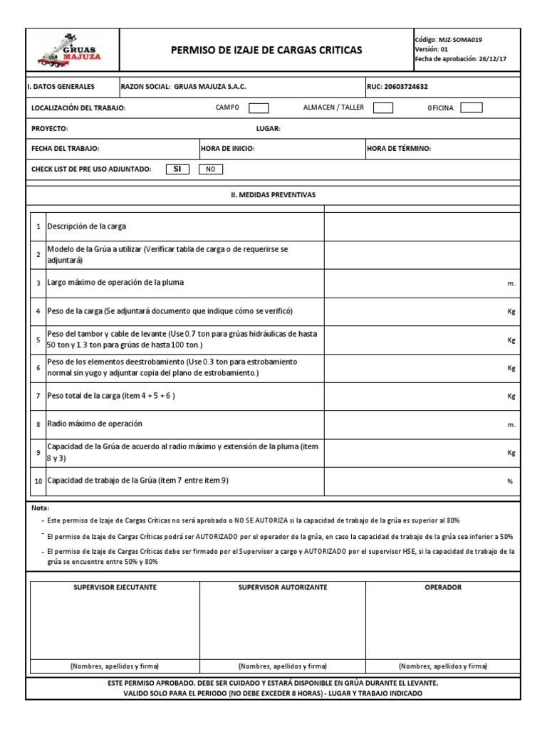 FORM 010 Permiso Izaje Cargas Criticas | PDF | Grúa (máquina) | Informática y tecnología de la ...