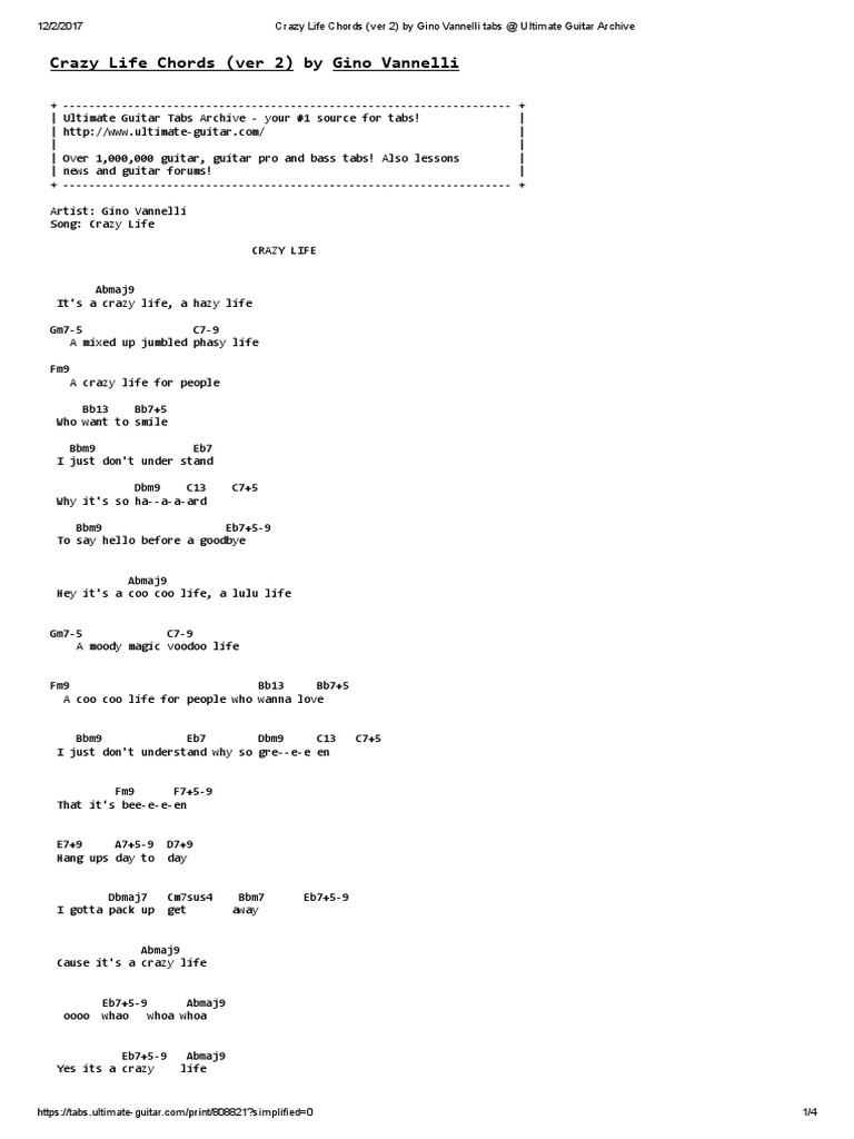 Crazy Life Chords (Ver 2) by Gino Vannelli Tabs at Ultimate Guitar ...