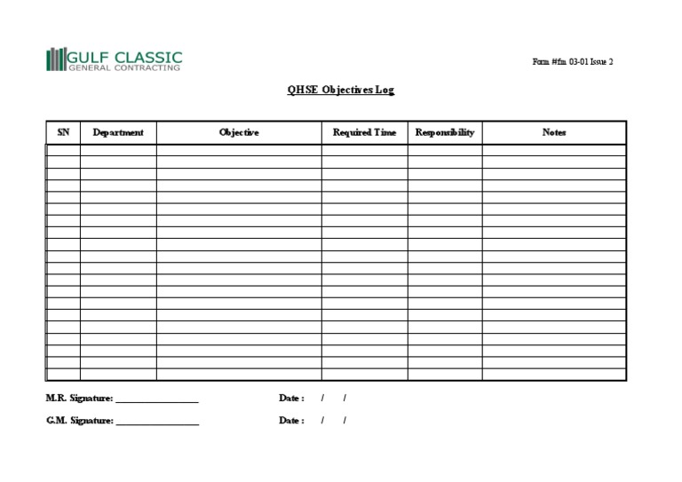 QHSE Objectives Log: SN Department Objective Required Time ...