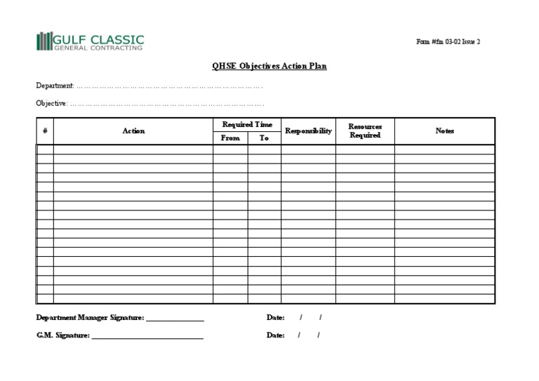 FM 03-02 QHSE Objectives Action Plan | PDF