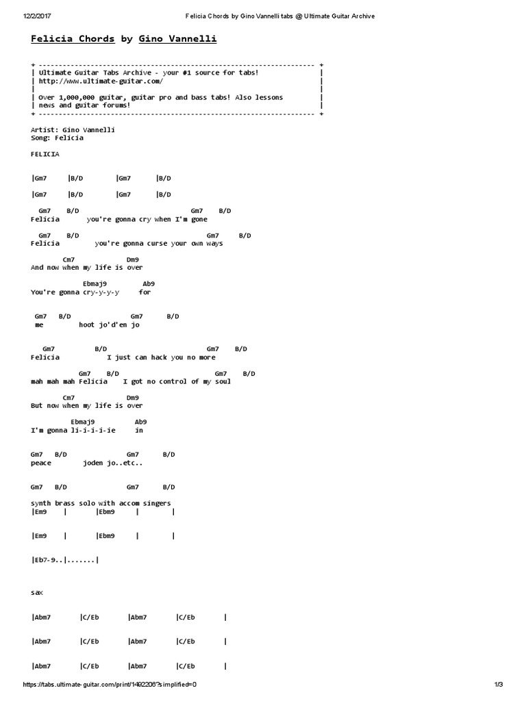 Felicia Chords by Gino Vannelli Tabs at Ultimate Guitar Archive PDF ...