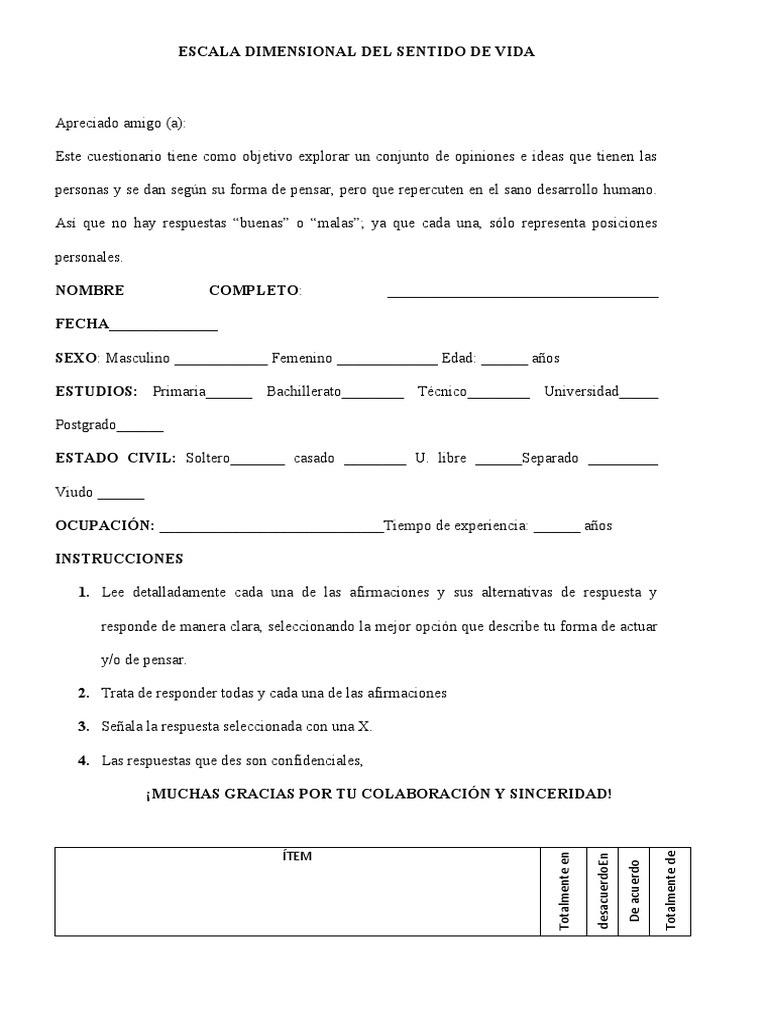Escala Dimensional Del Sentido de Vida | PDF