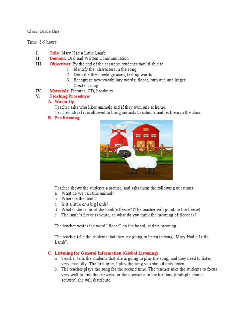 Listening Lesson Plan Mary Had A Little Lamb | PDF | Sheep | Lesson Plan