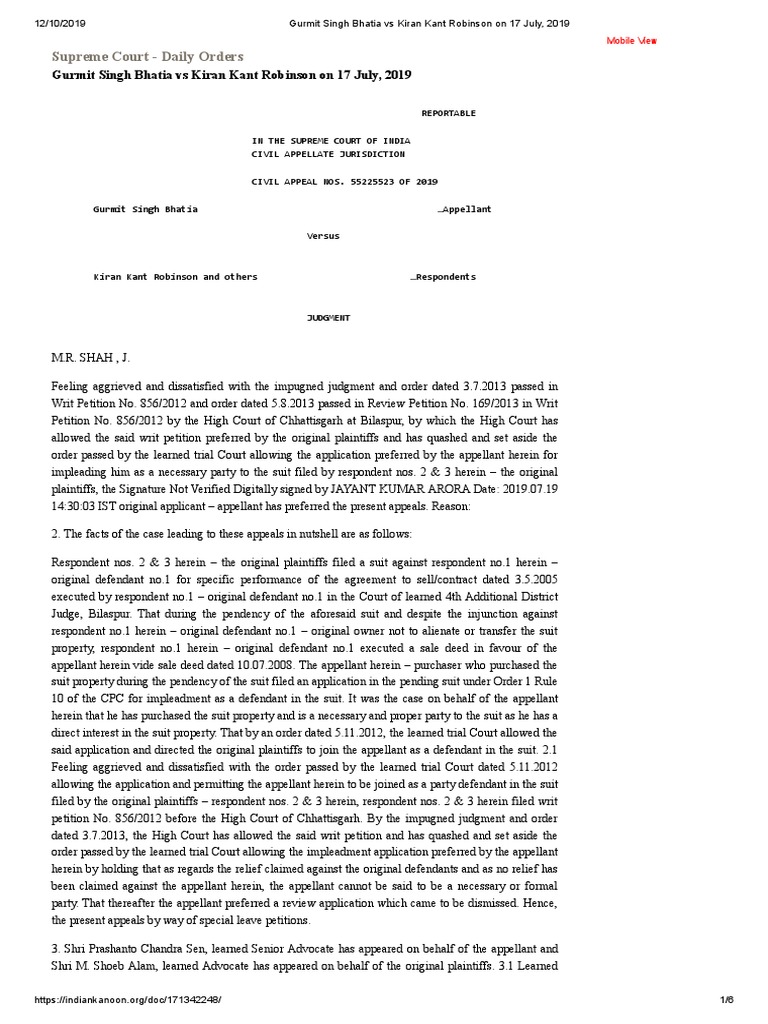 Analysis of a Supreme Court of India case regarding the impleadment of ...