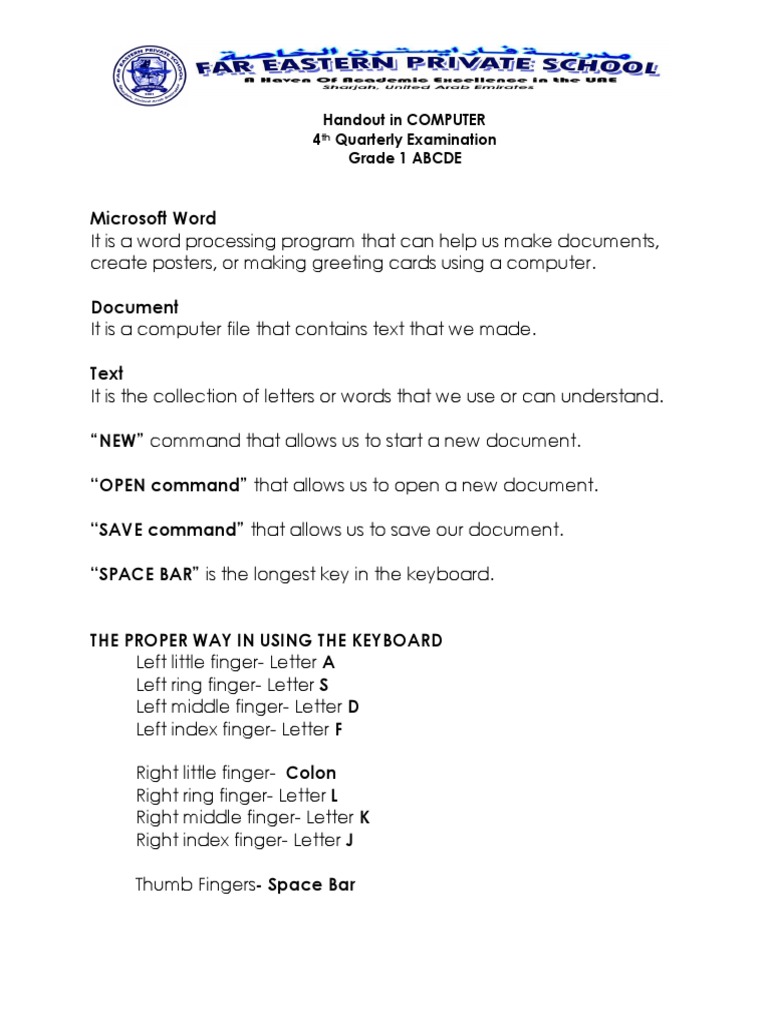 Microsoft Word: Handout in COMPUTER 4 Quarterly Examination Grade 1 ...