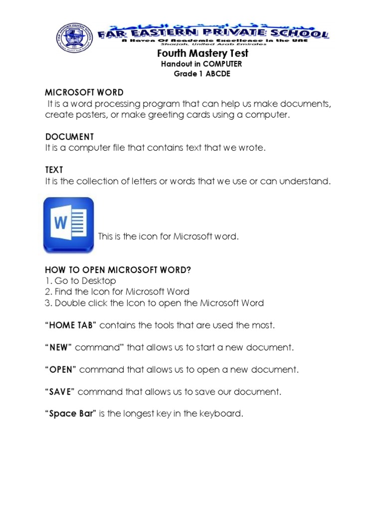 Fourth Mastery Test: Handout in COMPUTER Grade 1 ABCDE | PDF