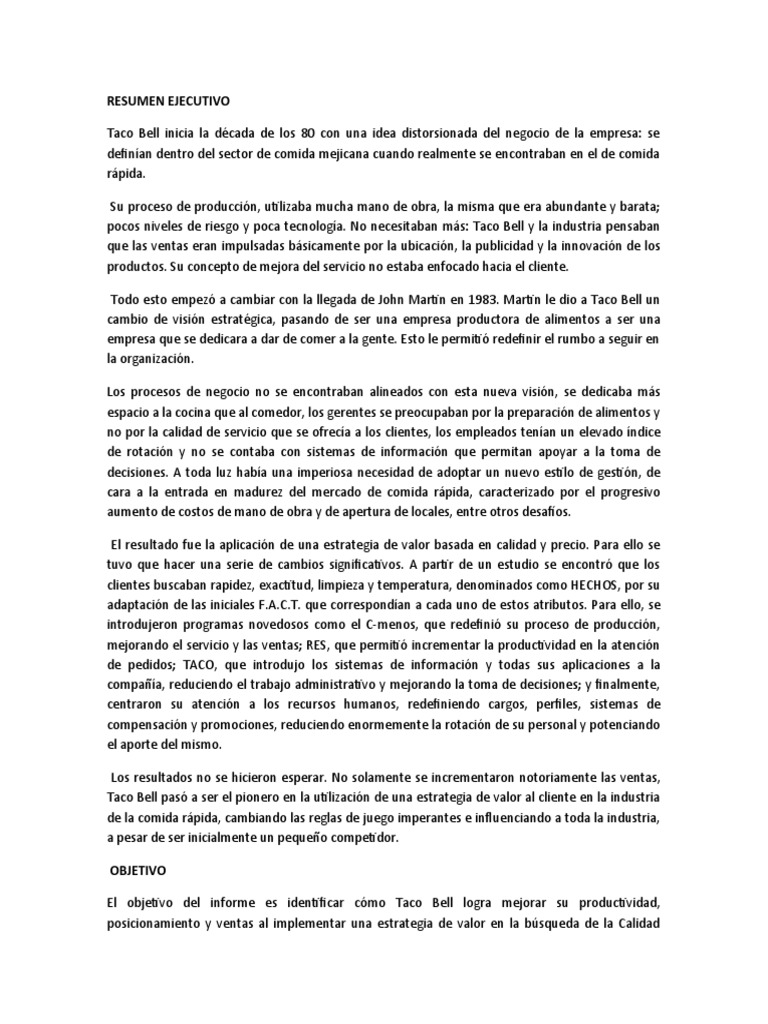 Caso Taco Bell | PDF | Gestión de recursos humanos | Calidad (comercial)