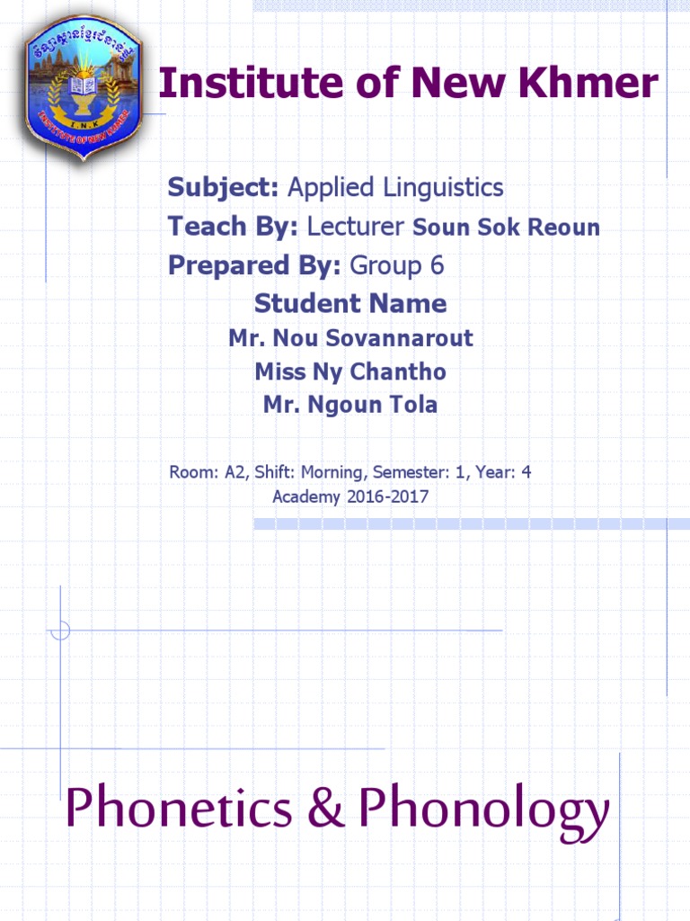 Institute of New Khmer: Subject: Applied Linguistics Teach By: Lecturer ...